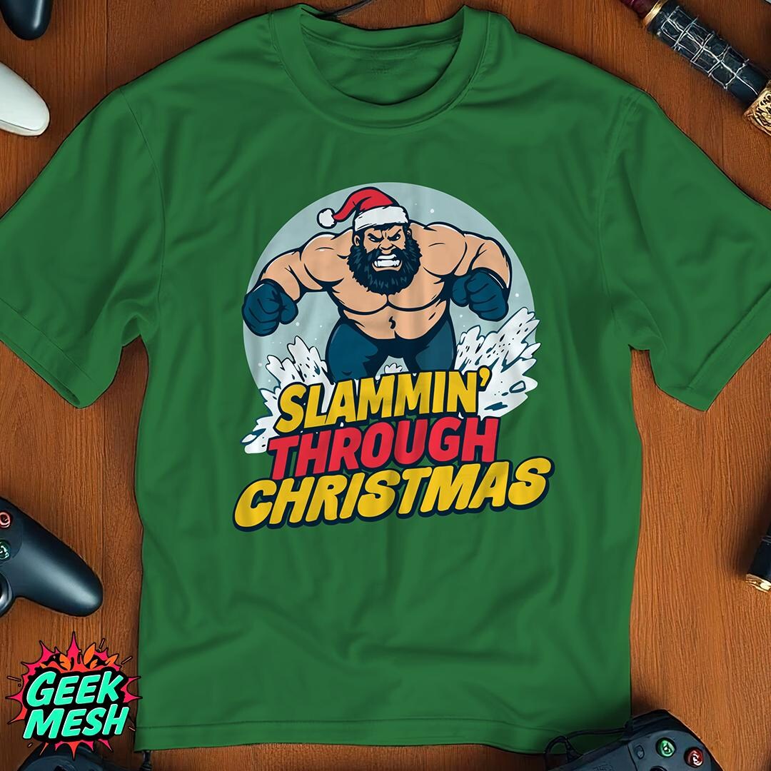 Slammin Through Christmas T-shirt, Green Tee With Santa Hat Wrestler Design, Funny Holiday Shirt ...