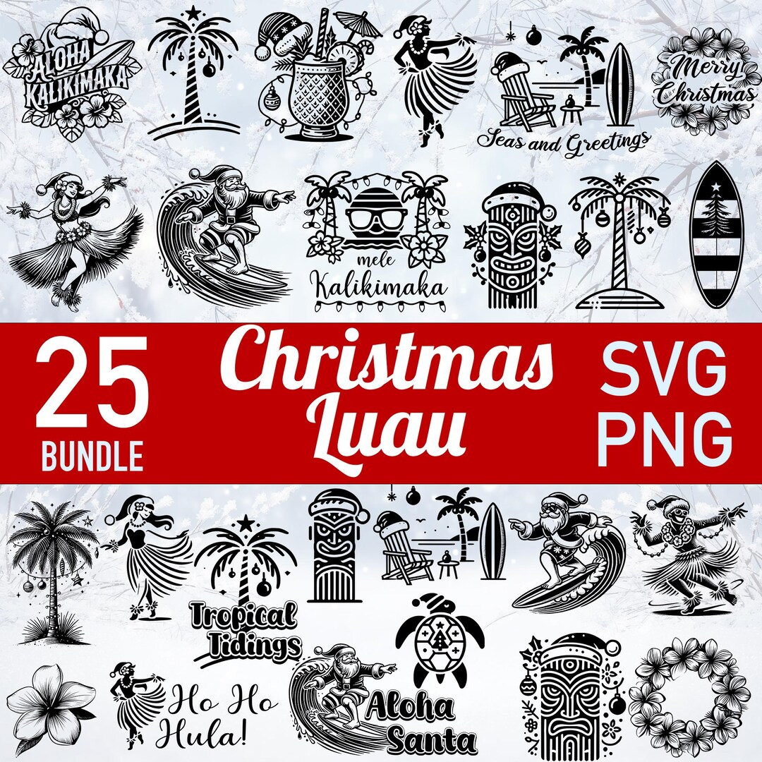 Christmas Luau SVG Bundle: Tropical Santa, Tiki, Palm Tree (25 Files ...