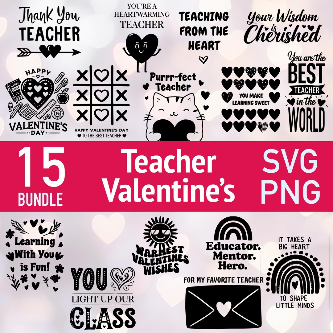 Teacher Valentines SVG Bundle - 15 School V Day Laser Cut Files - Retro ...