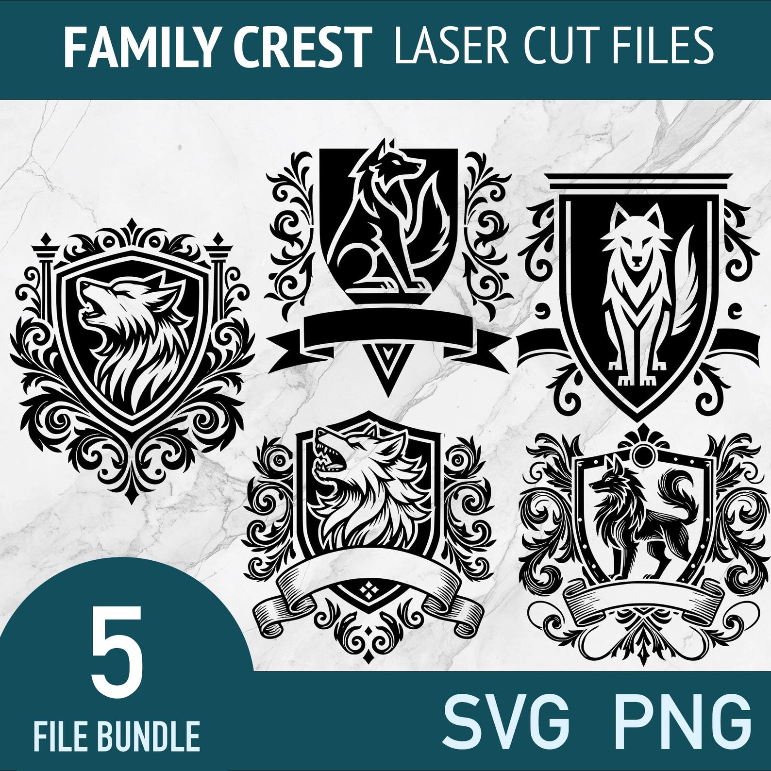 Heraldic Wolf Crest SVG Bundle: Laser Cut PNG File Bundle Family Shield ...