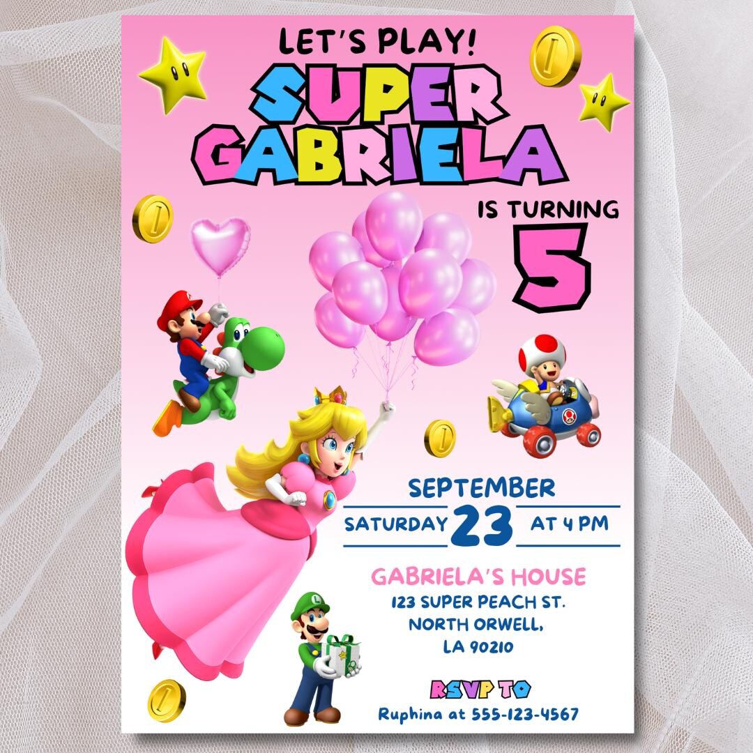 Editable Princess Peach Birthday Invitation Super Mario Bros Princess ...