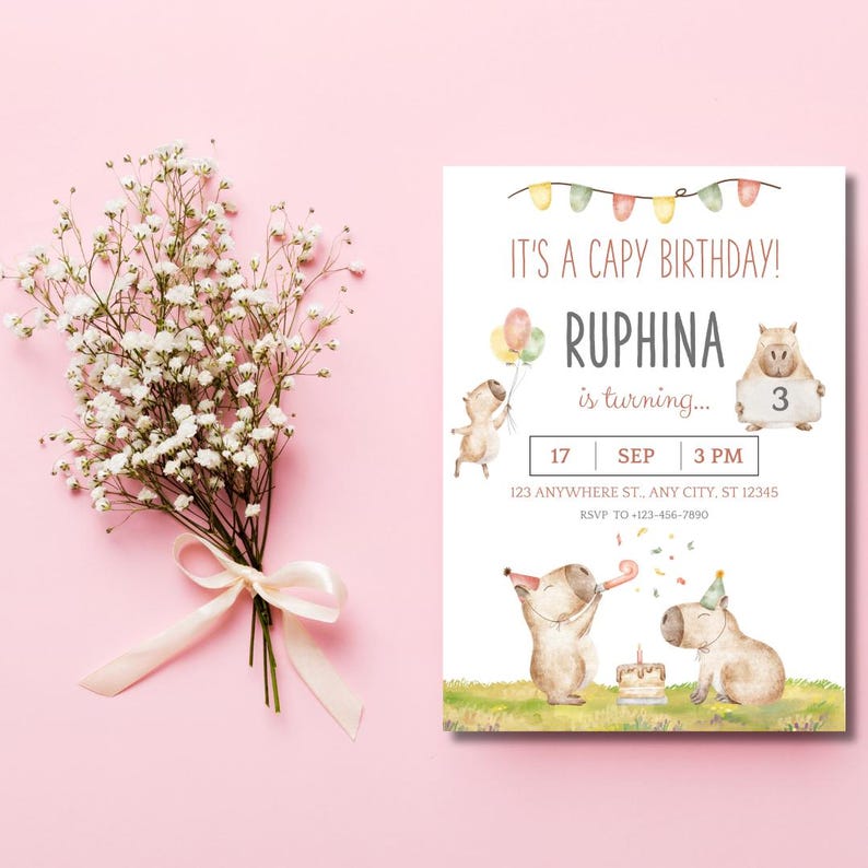 Editable Capybara Birthday Invitation Template, Printable Invite ...