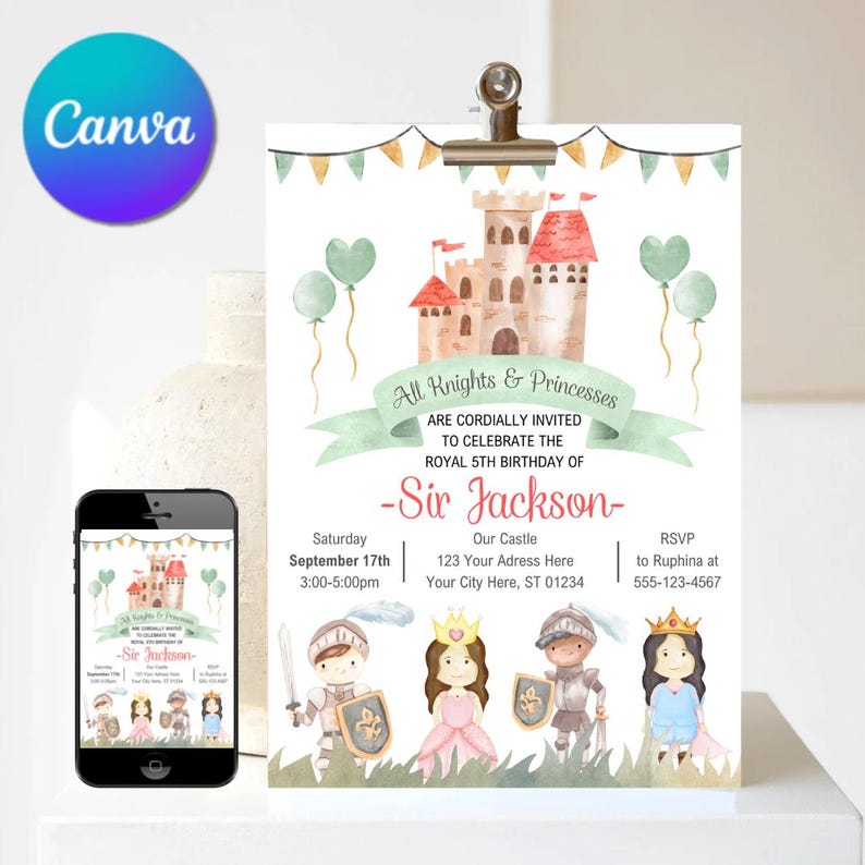 Knights Invitations EDITABLE, Knight Princess Party Invitations Digital ...