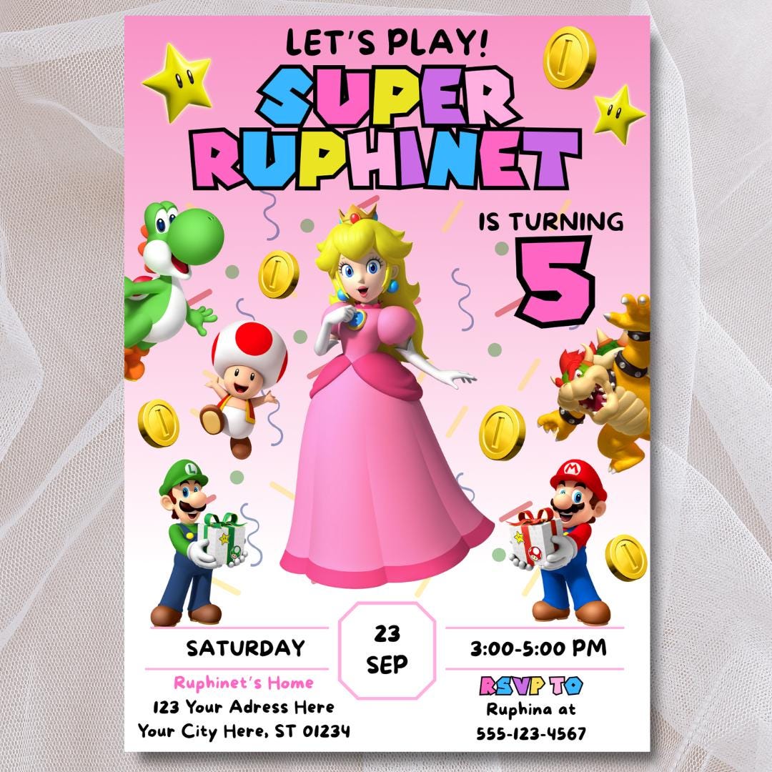 Editable Princess Peach Invitation Super Mario Princess Birthday Invite ...