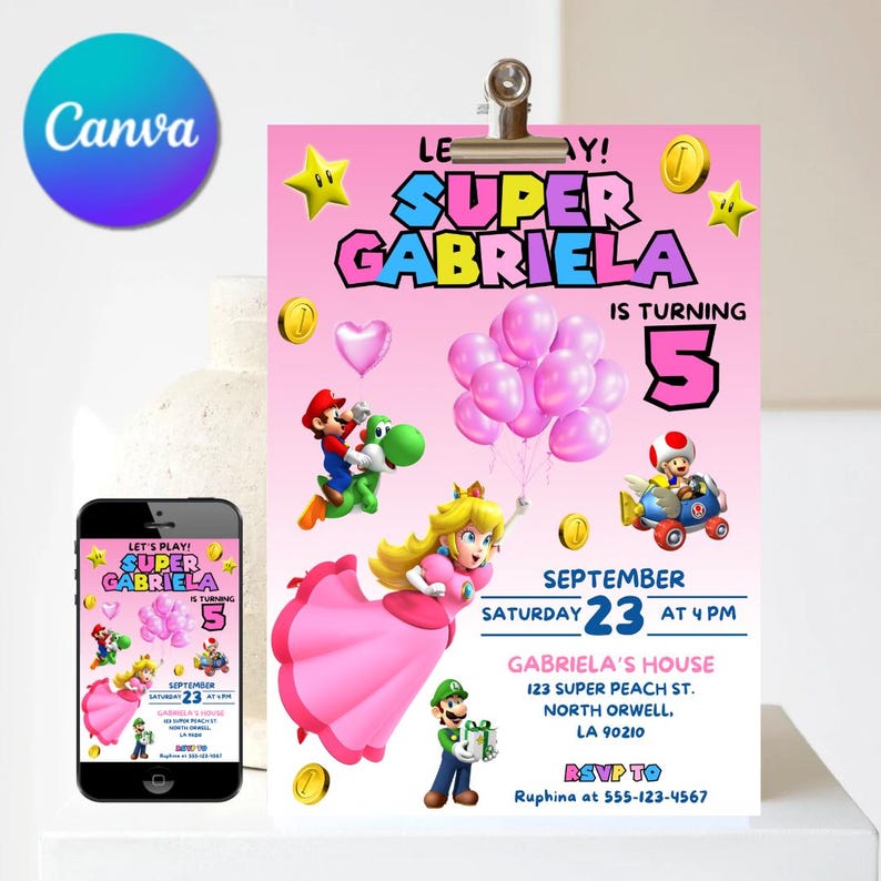 Invitación de cumpleaños editable de la Princesa Peach. Invitación de ...