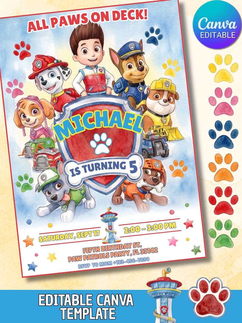 Paw Patrol Birthday Invitation | Watercolor Editable Canva Template ...
