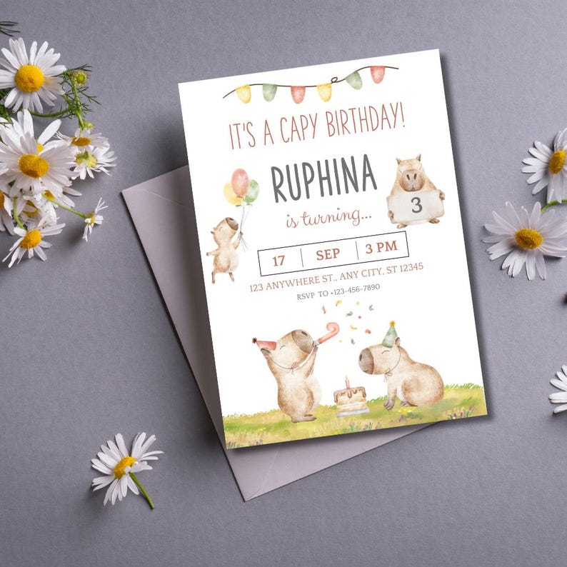Editable Capybara Birthday Invitation Template, Printable Invite ...