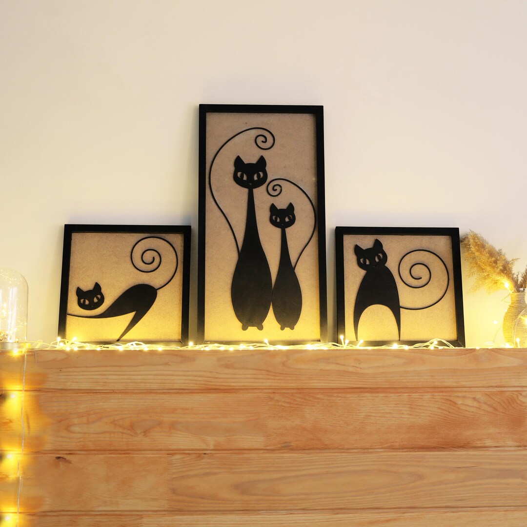 Cat Themed-wall Art Set of 3 Panels, Abstract Cat Wood Wall Art, Modern ...