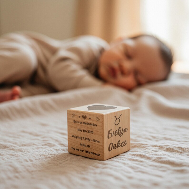 Engraved Birth Stats Cube, Personalized Wooden Name Block for Baby ...