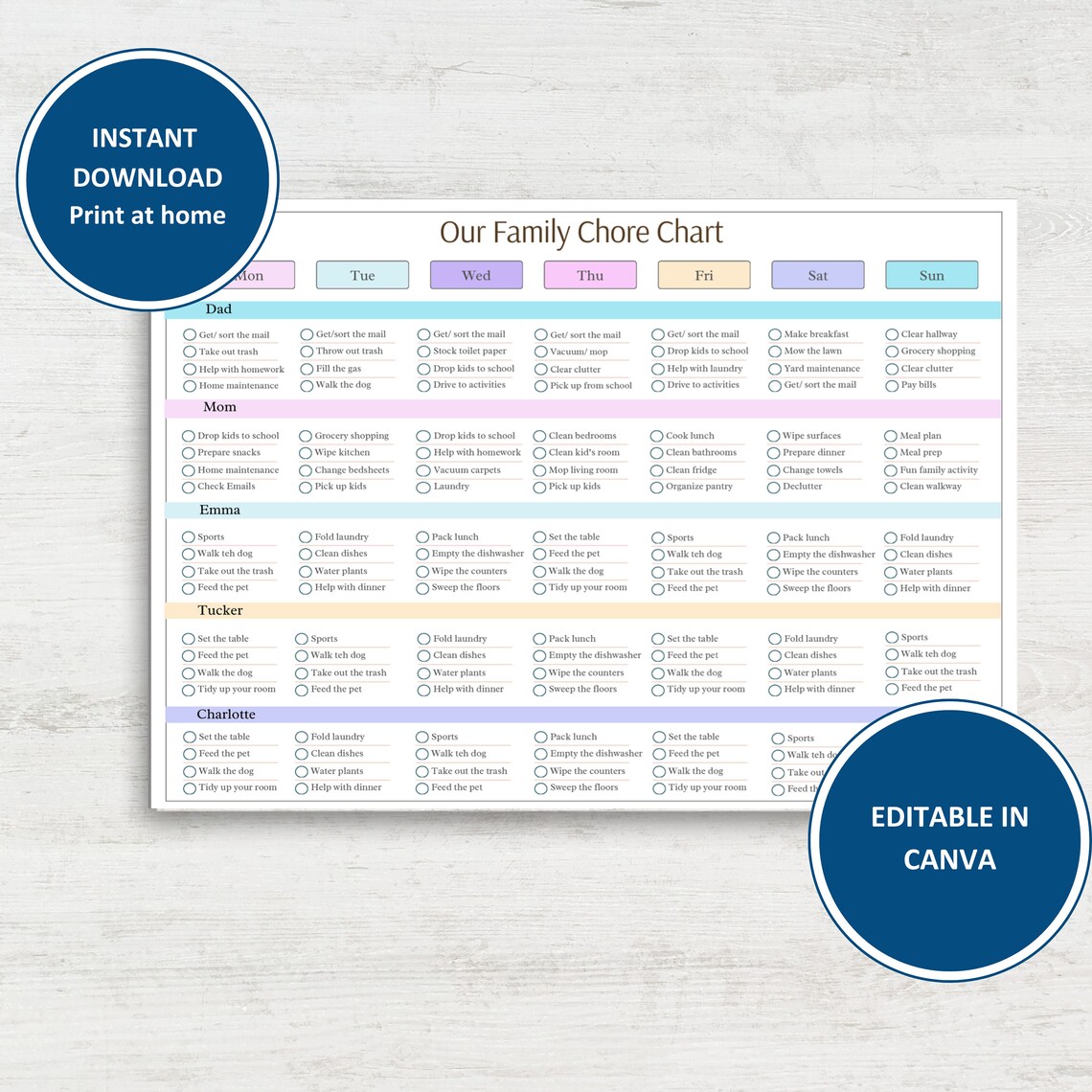 Editable Family Chore Chart Family Planner, Household Chores Chart ...