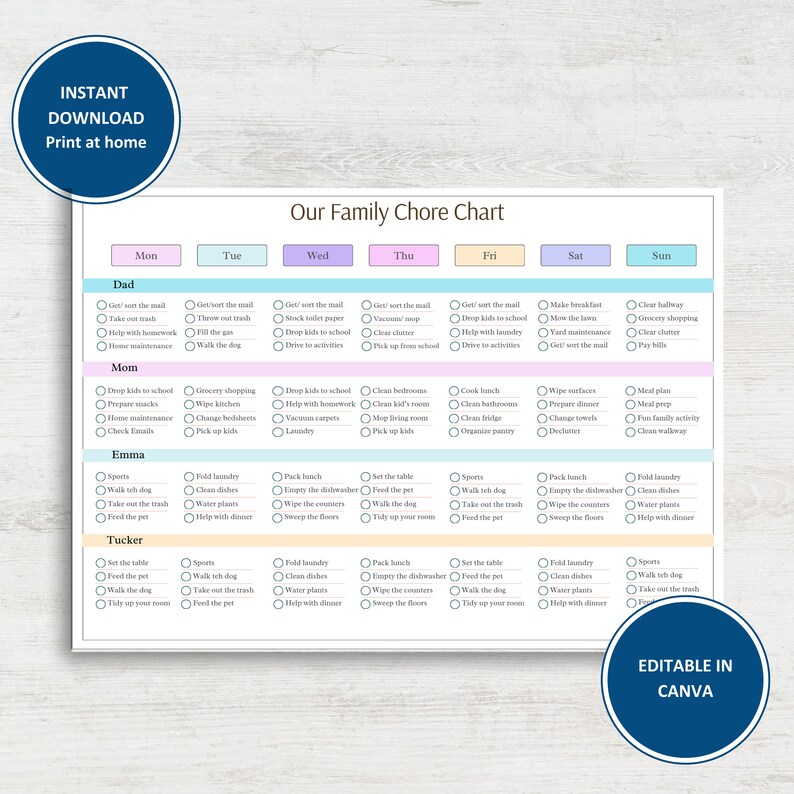 Editable Family Chore Chart Family Planner, Household Chores Chart ...