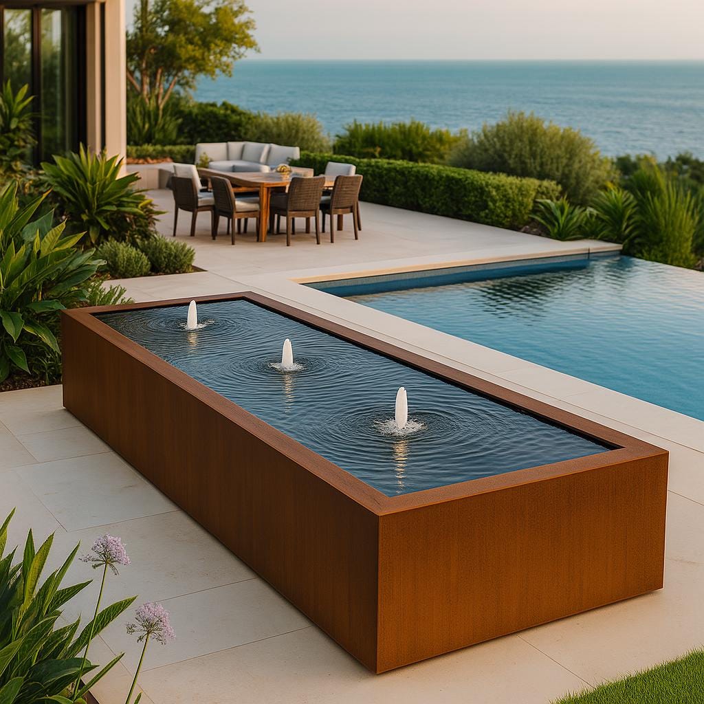 Modern Custom 6ft 5.6” Corten Steel Infinity Edge Water Feature 3 LED ...