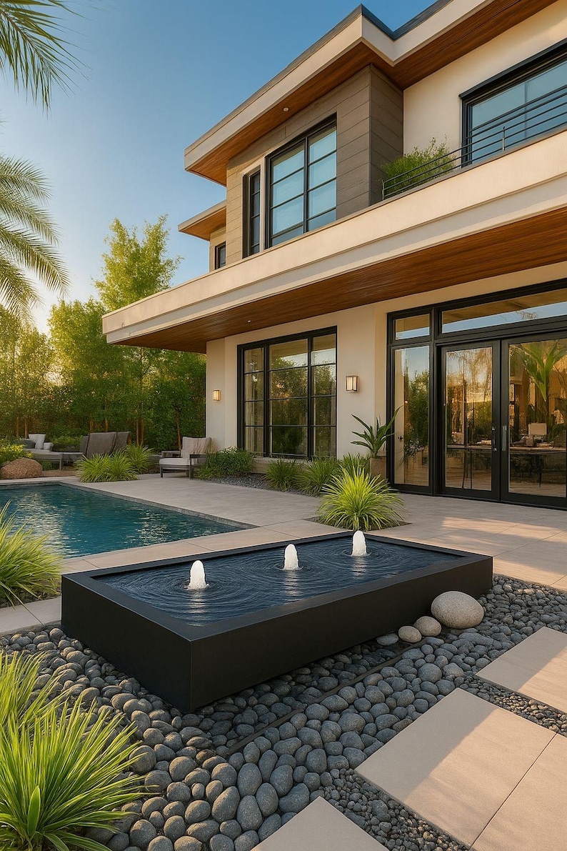 Modern Custom Black Steel Infinity Edge Water Feature –3 Bubbler, LED ...