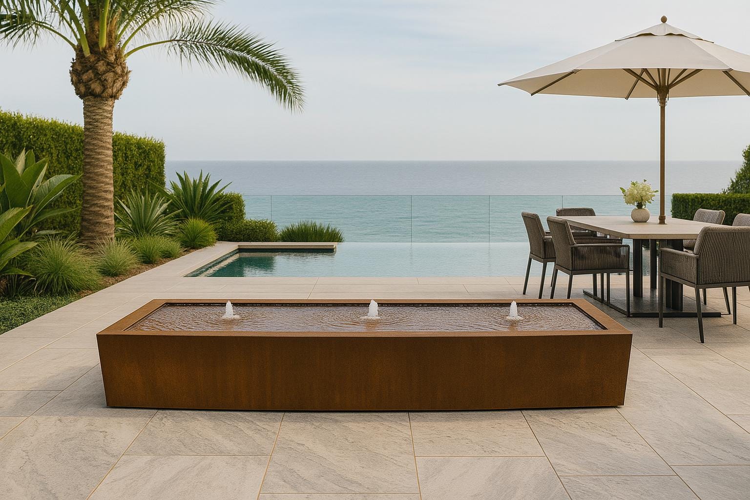 Modern Custom Corten Steel Infinity Edge Water Feature –3 Pumps, LED ...