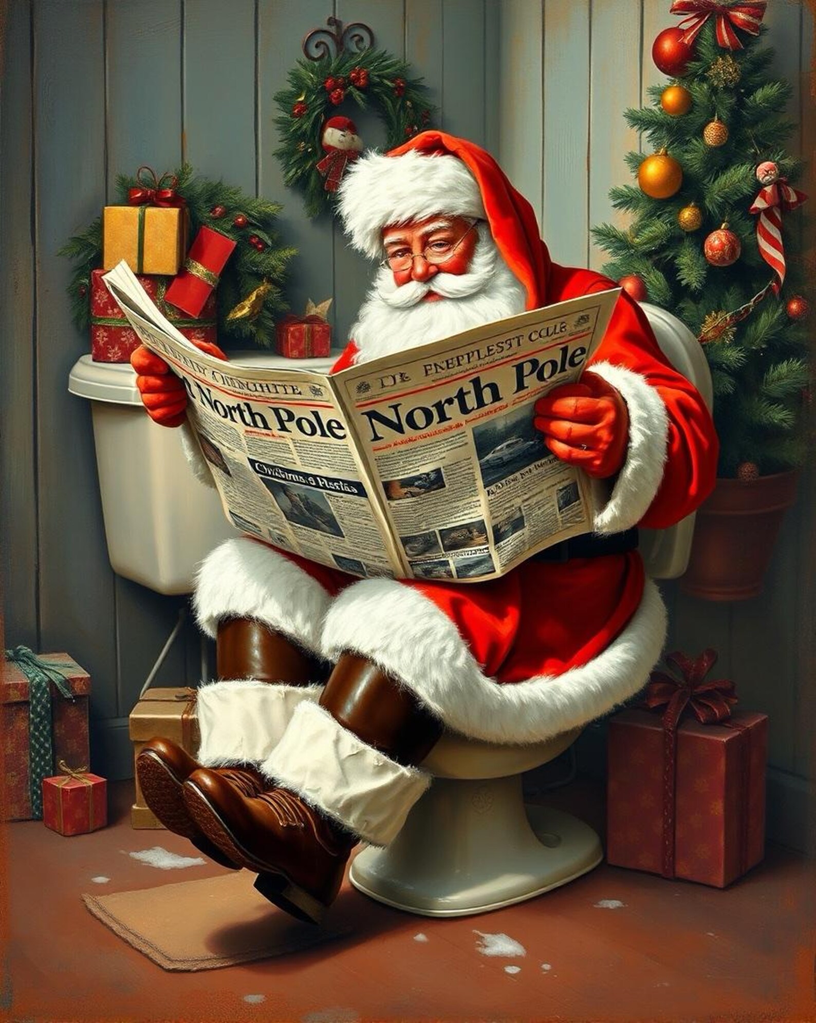 Santa on the Toilet , Christmas Funny Print, Bathroom Wall, Home Decor ...