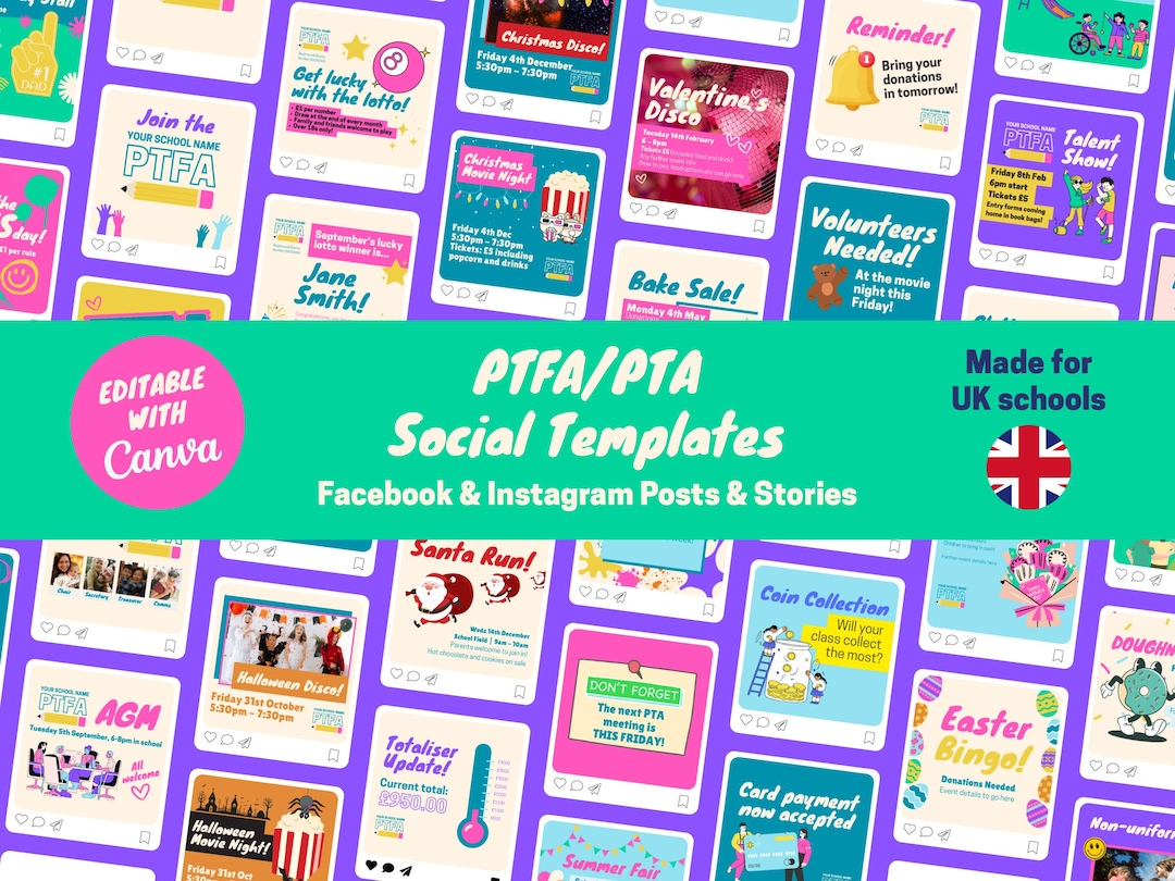 UK PTA/PTFA Social Facebook and Instagram Posts and Stories Templates ...