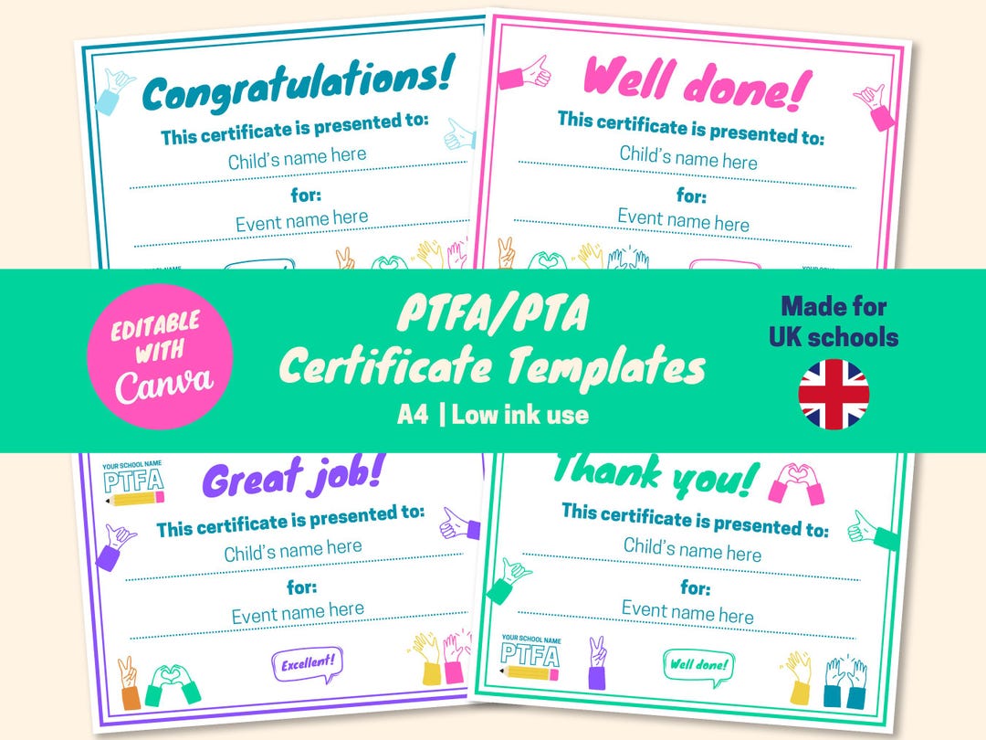 UK PTA/PTFA A4 Certificate Templates Bundle for Primary Schools ...