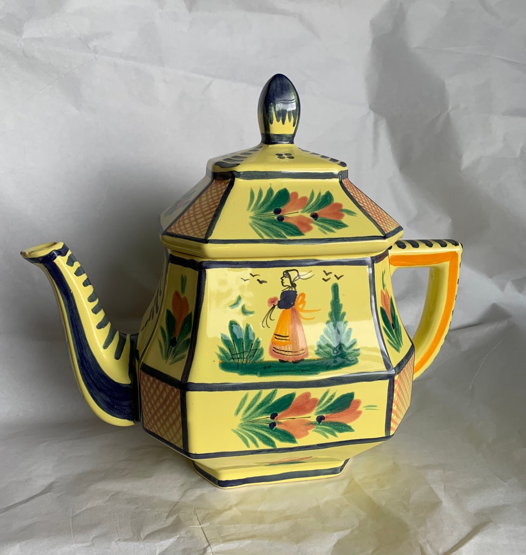 Vintage QUIMPER Teapot Server FRANCE Soleil Yellow Floral Woman ...