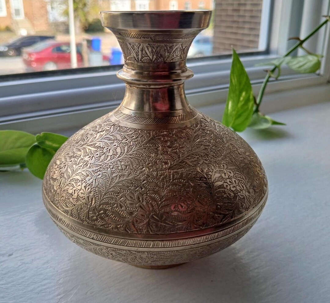 SOLD Etched Handmade Antique Gold Vase, Indian Brass, Gold Accents ...