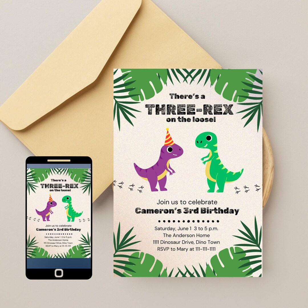Three Rex Birthday Invitation, 3rex, Three Year Old Invitation ...