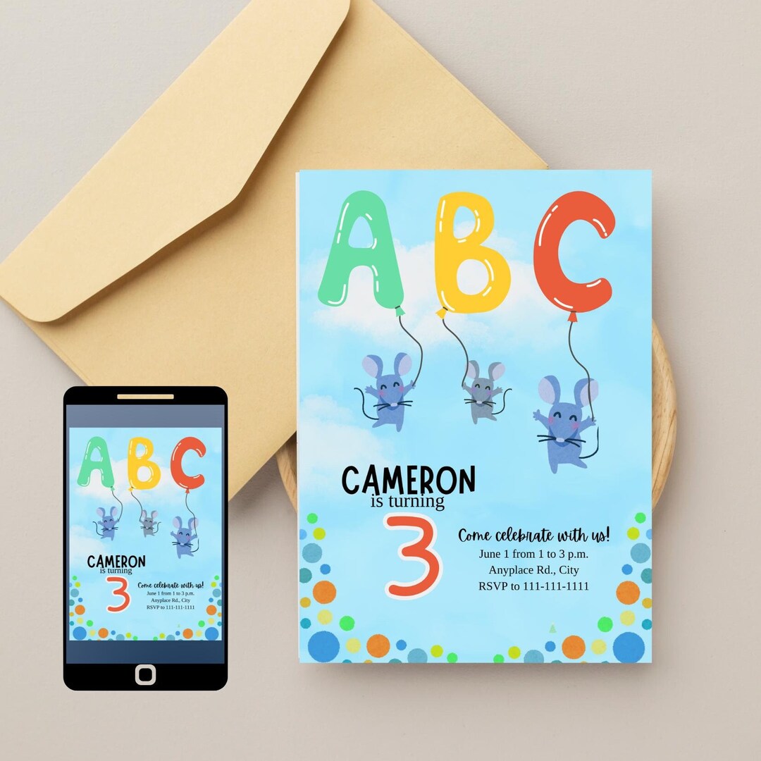 ABC Birthday Invitation, Third Birthday Invitation, ABC 123 Invite ...
