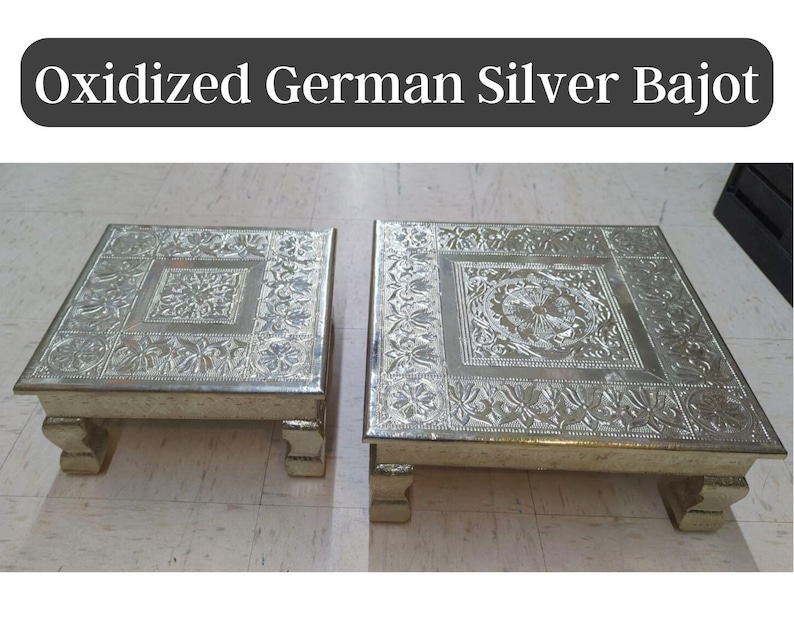Handmade Wooden Puja Chowki: Oxidized German Silver Detail, Indian ...