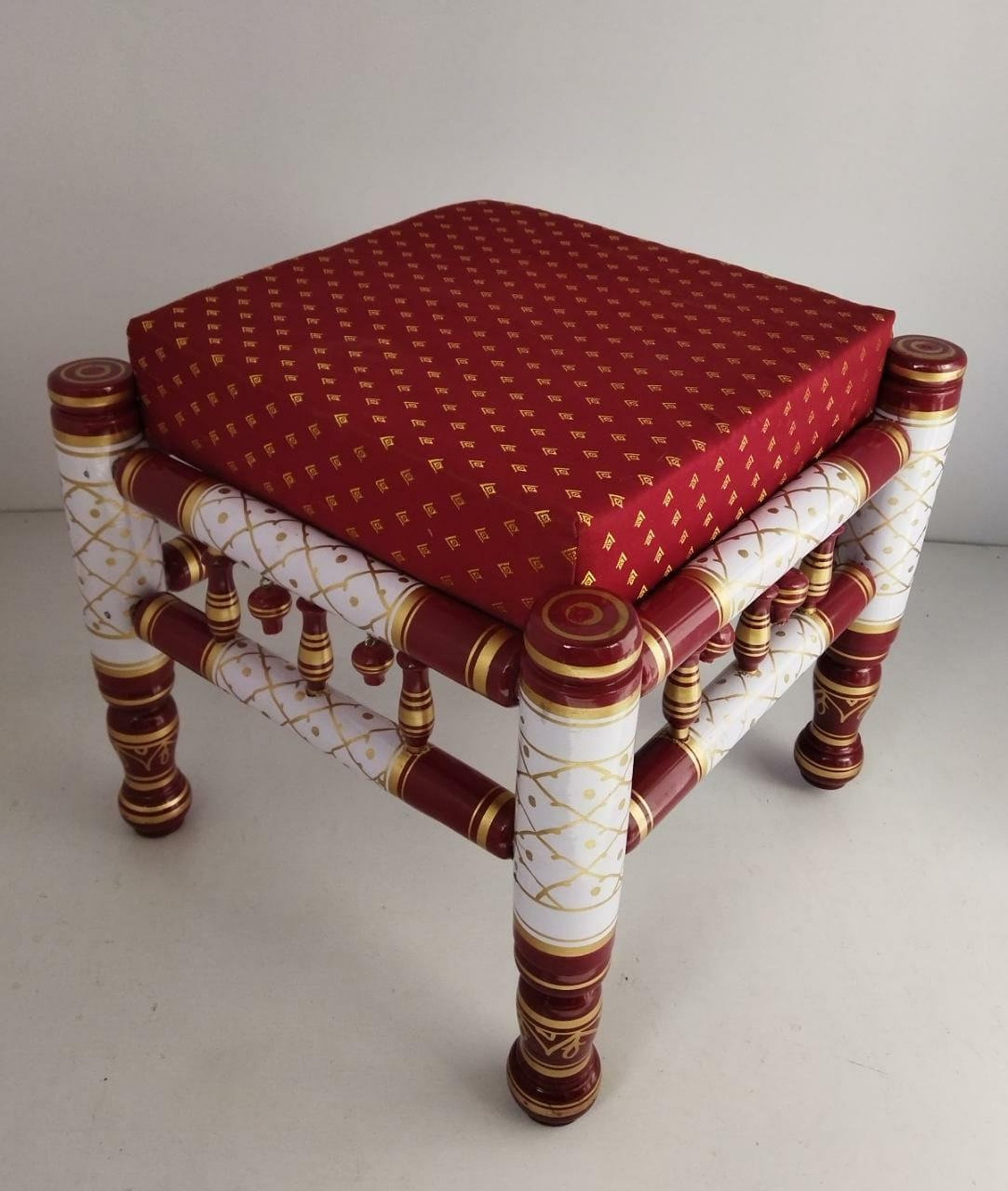 Sankheda Wooden Stool, Indian Low Sitting Stool With Cushion - Etsy