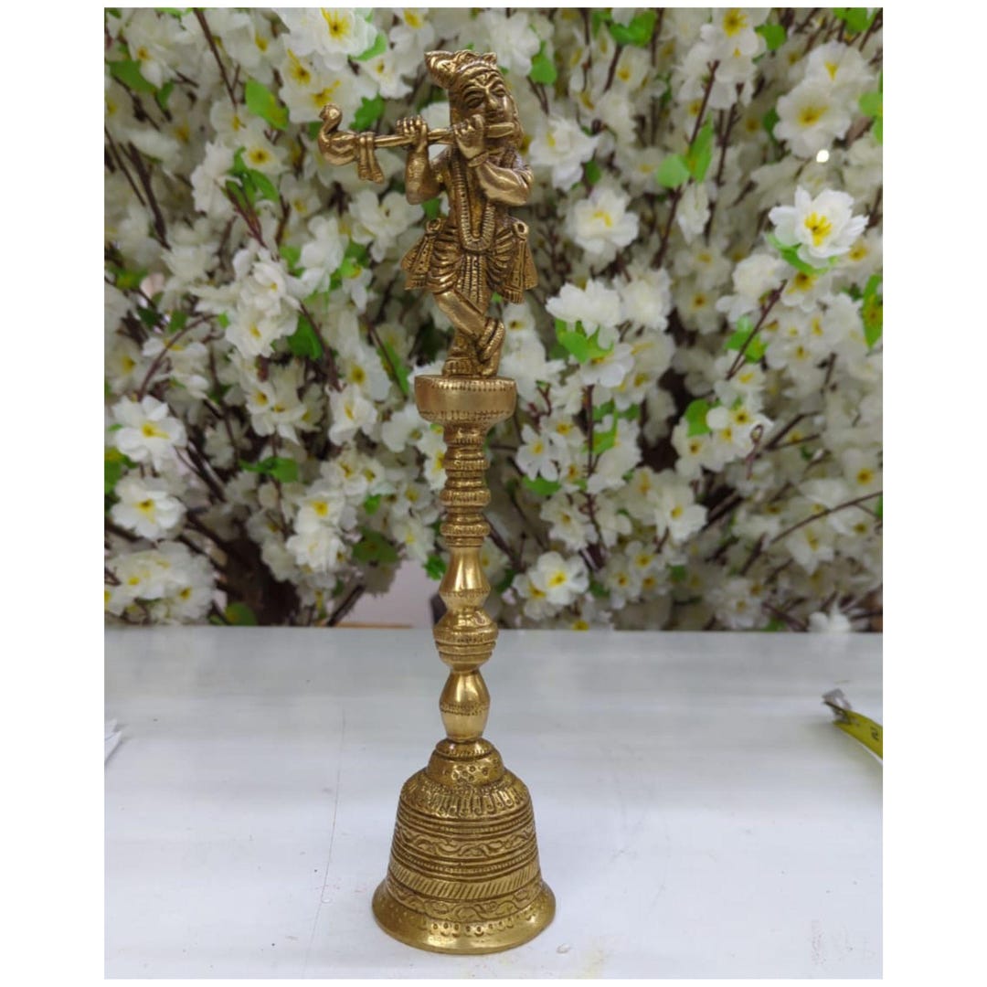 Brass Hand Bell Standing Krishna Bell for Temple Pooja Arti Bell ...