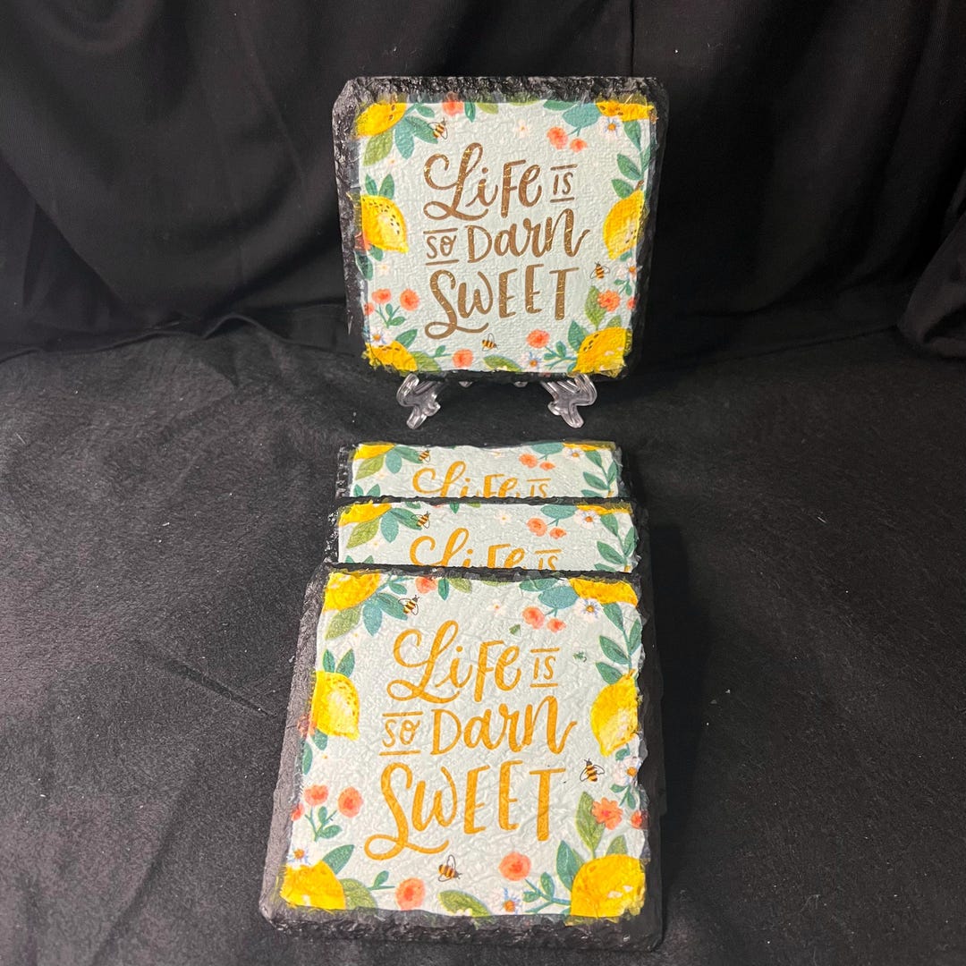 Set of 4 Slate Coasters With Lemon & Floral Design - Etsy