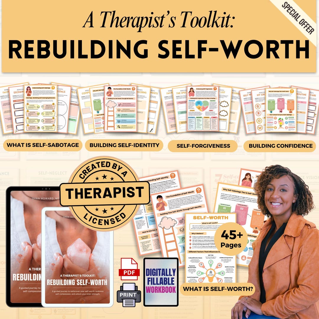 Self Worth Bundle, Therapy Worksheets, Self Esteem, Inner Critic, Self Sabotage, Self Identity ...