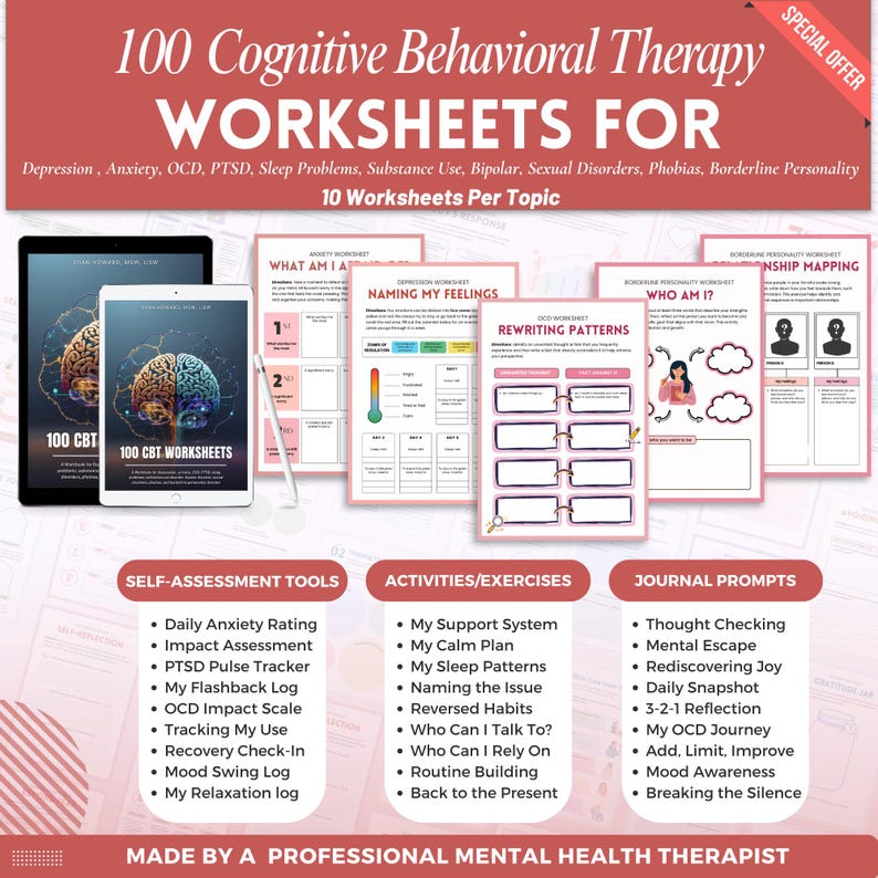 CBT Worksheet Bundle, 100 Worksheets, Cognitive Behavioral Therapy, for Therapist, Counselors ...