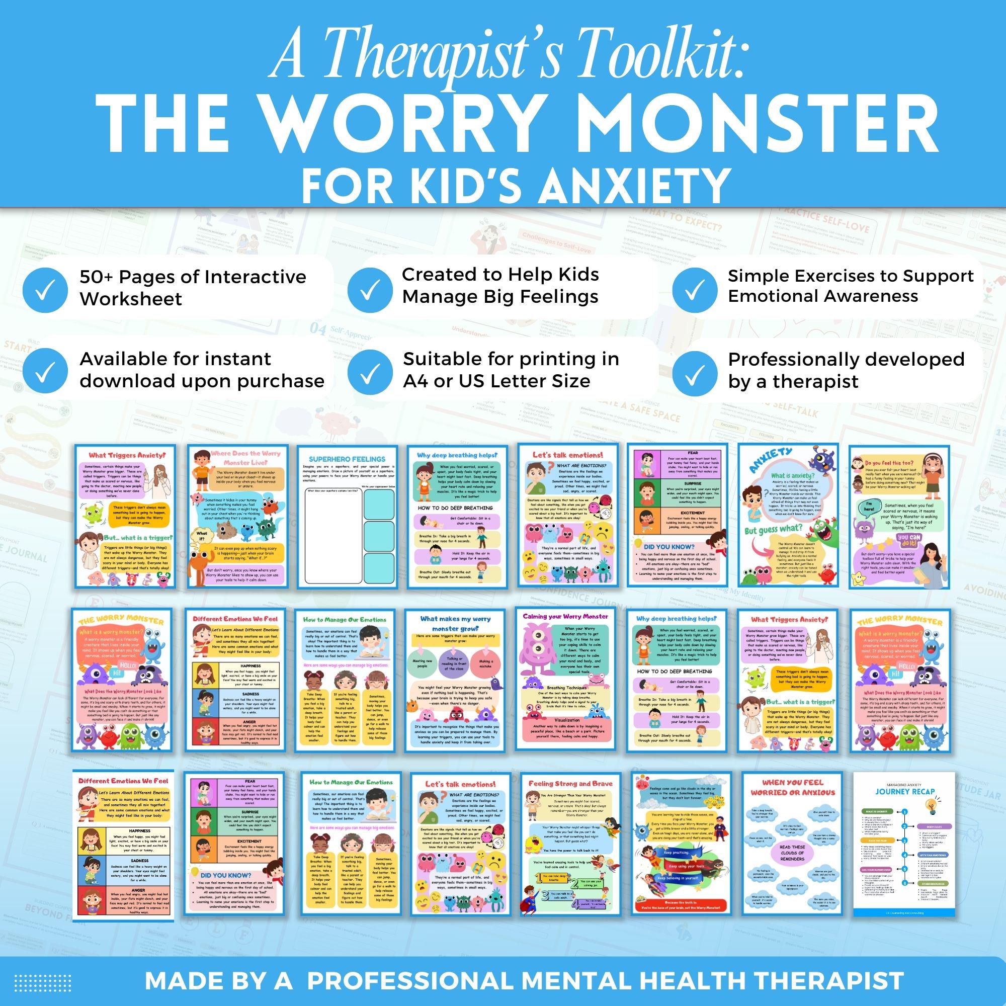 Kids Anxiety Workbook Bundle, Worry Monsters, Managing Anxiety, Therapy ...