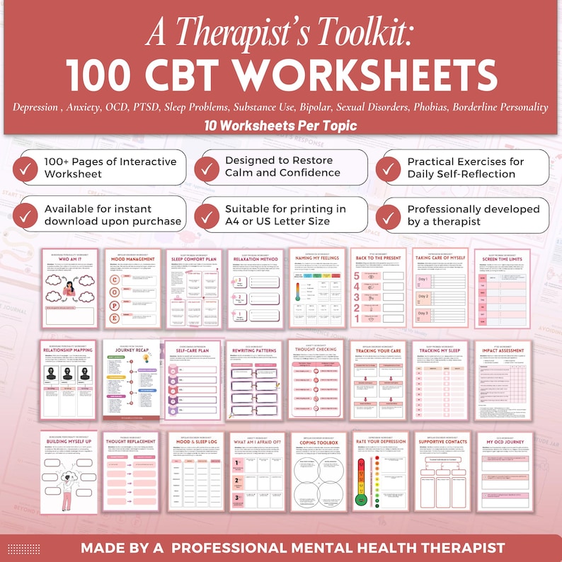 CBT Worksheet Bundle, 100 Worksheets, Cognitive Behavioral Therapy, for ...