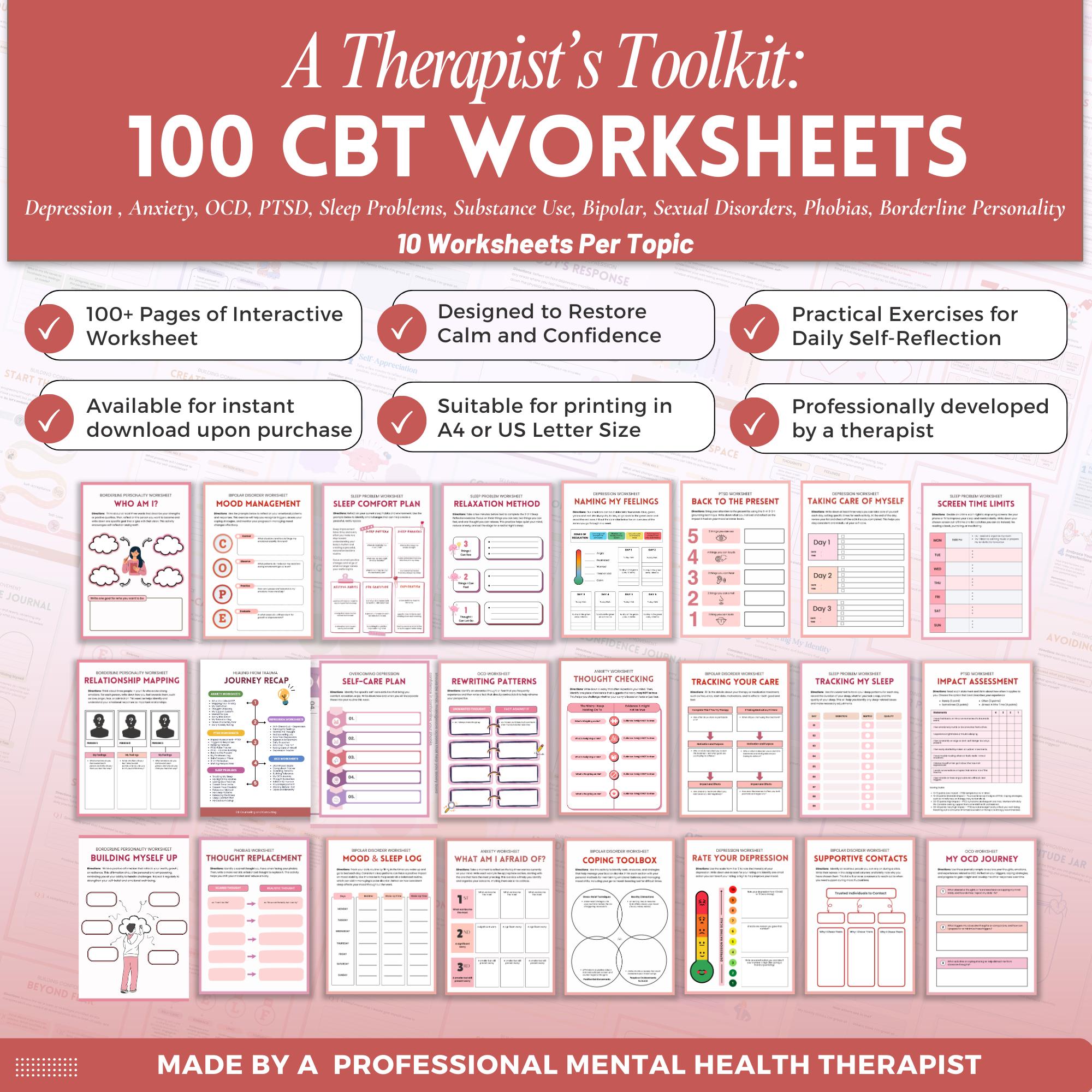 CBT Worksheet Bundle, 100 Worksheets, Cognitive Behavioral Therapy, for ...