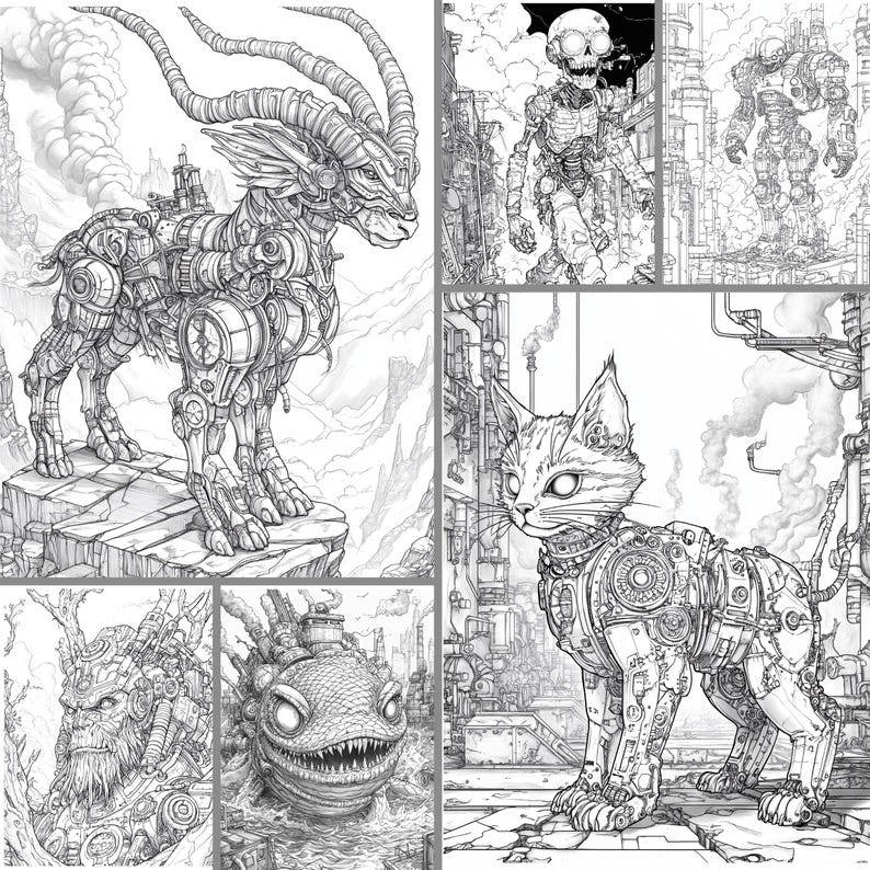 Steampunk Animals Coloring Book | 40 Grayscale Pages for Adults & Kids ...