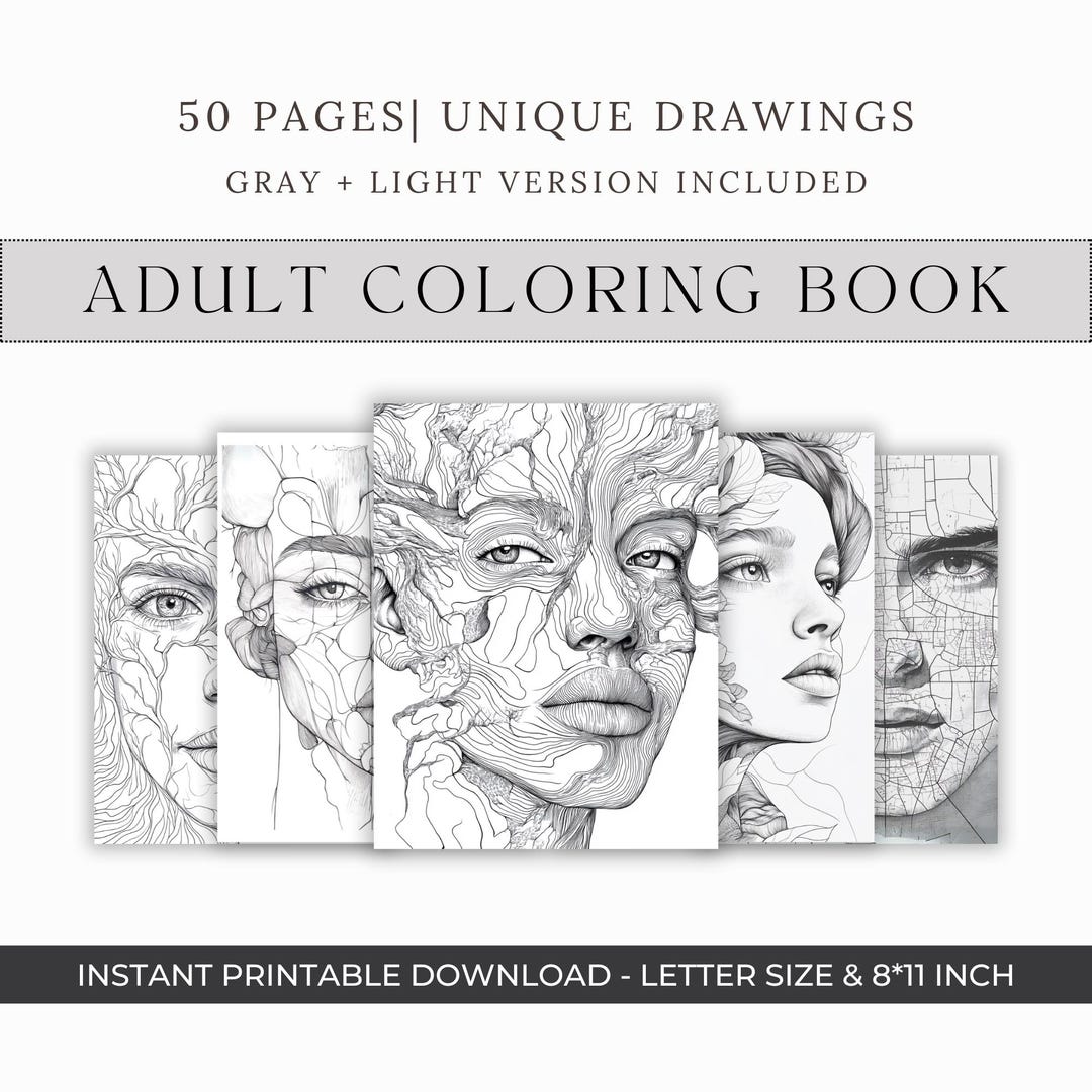 Women's Faces Coloring Book | 50 Unique Grayscale Pages for Adult ...
