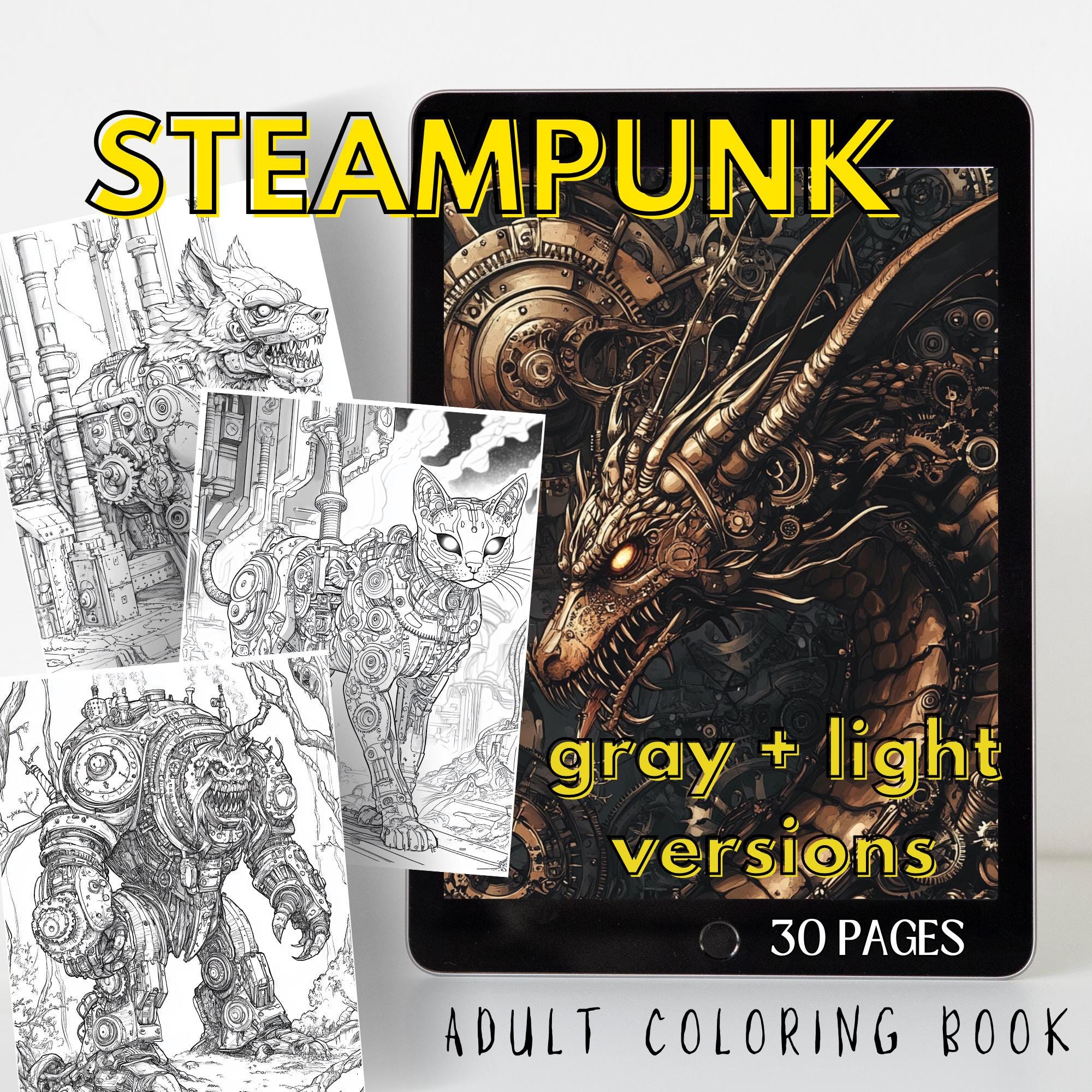 Steampunk Animals Coloring Book | 40 Grayscale Pages for Adults & Kids ...