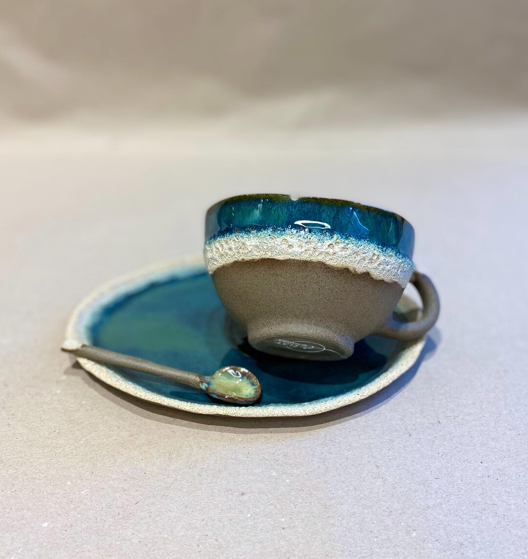 Handmade Ceramic Tea Set Set of 3 Cappucino Cup, Saucer, Spoon - Etsy