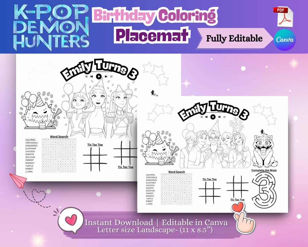 Kpop Demon Hunters Activity Placemat | Printable Huntrix Birthday Party ...