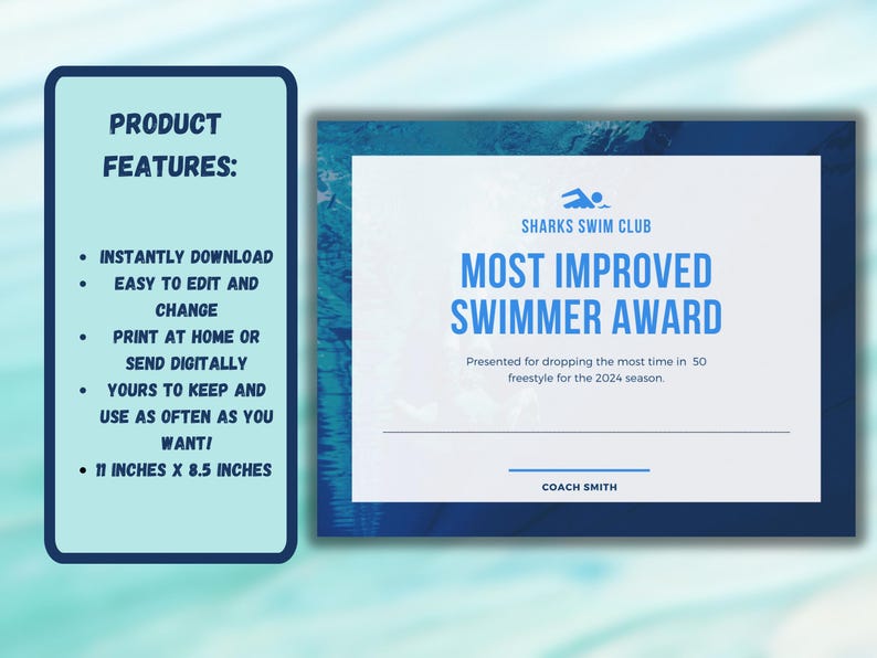 Digital Editable Printable Swimming Certificate Award Template Instant ...