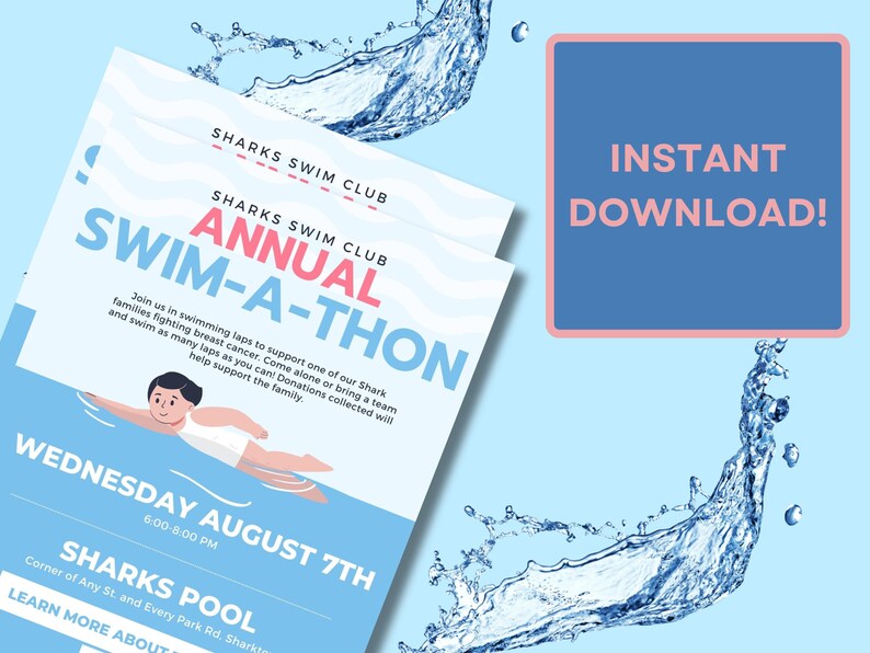 Digital Editable Printable Swim-a-thon Event Flyer Invitation Template ...