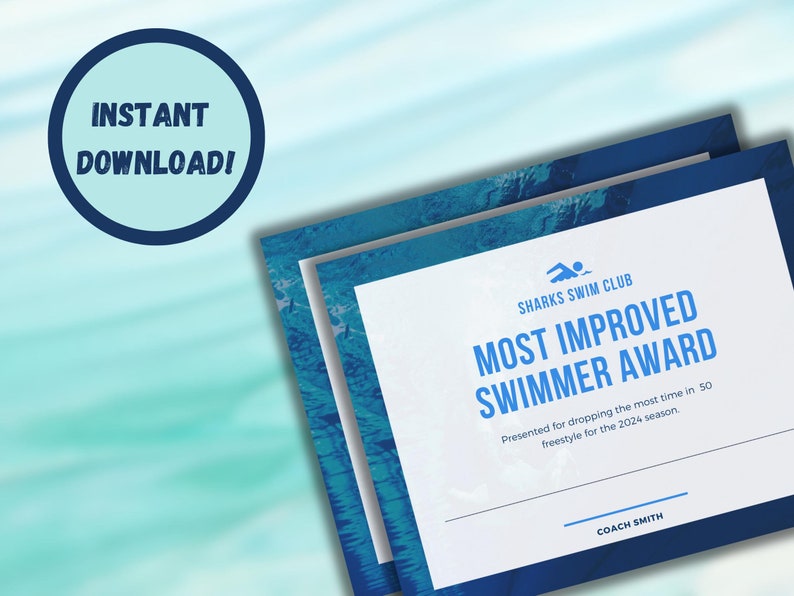 Digital Editable Printable Swimming Certificate Award Template Instant ...