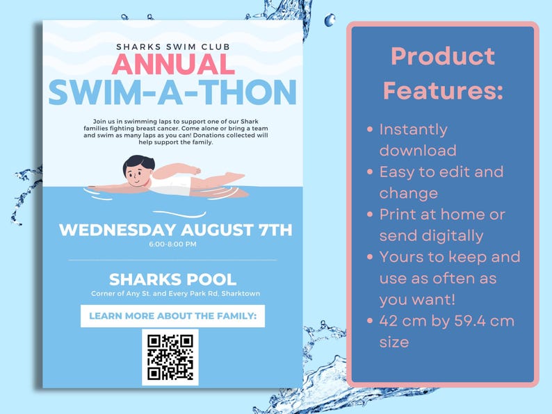 Digital Editable Printable Swim-a-thon Event Flyer Invitation Template ...