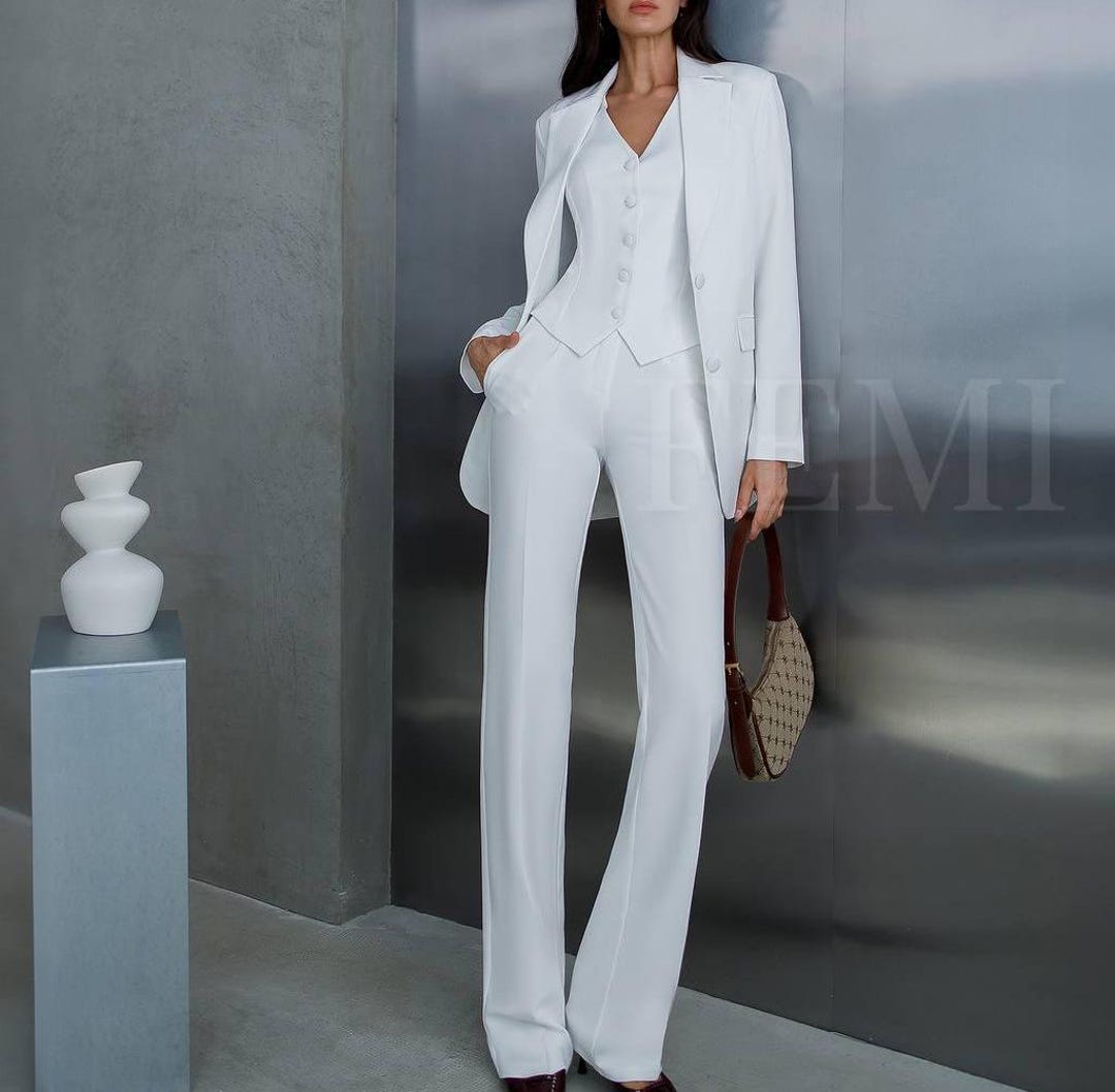 White Formal Three Piece Women Suit| Blazer Vest Straight Pants - for ...