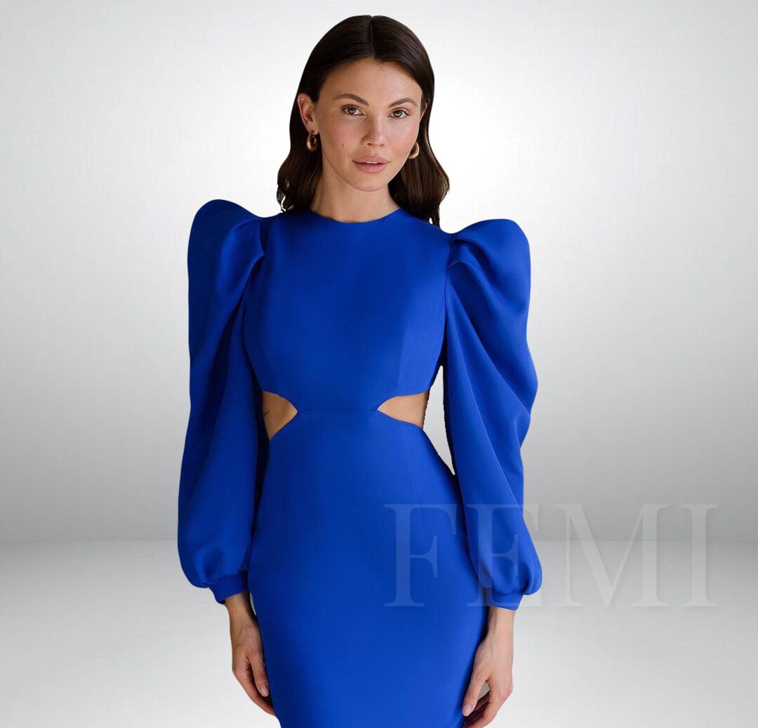 Royal Blue Puff Sleeve Women Dress| Open Back | Midi Length |back Leg ...