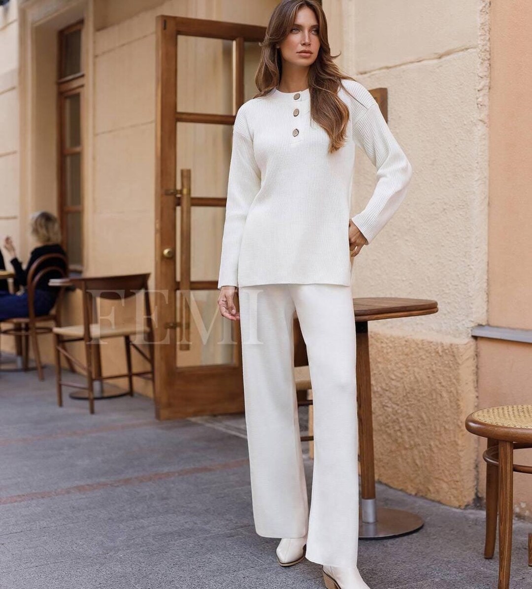 White Cozy Knit Set for Women | Long Sleeve Sweater With Buttons and ...
