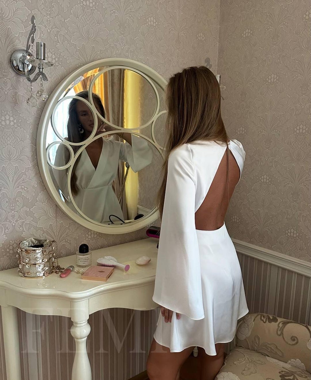 White Engagement Mini Women Dress| Bridal Long Sleeve Dress| Courthouse Wedding Dress| Flo Model ...