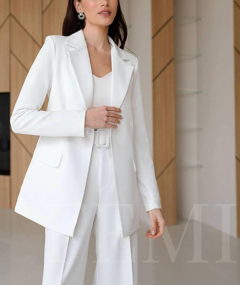 White Women Suit, Civil Wedding Suit With Wide Leg Pants and Single ...