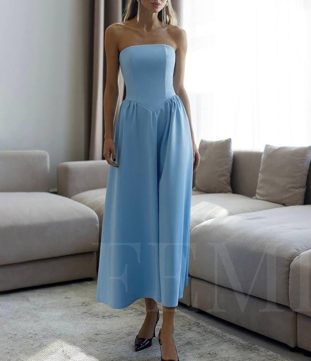 Blue Corseted Midi Dress Basque V Shaped Waistline Fluffy Skirt Wedding ...