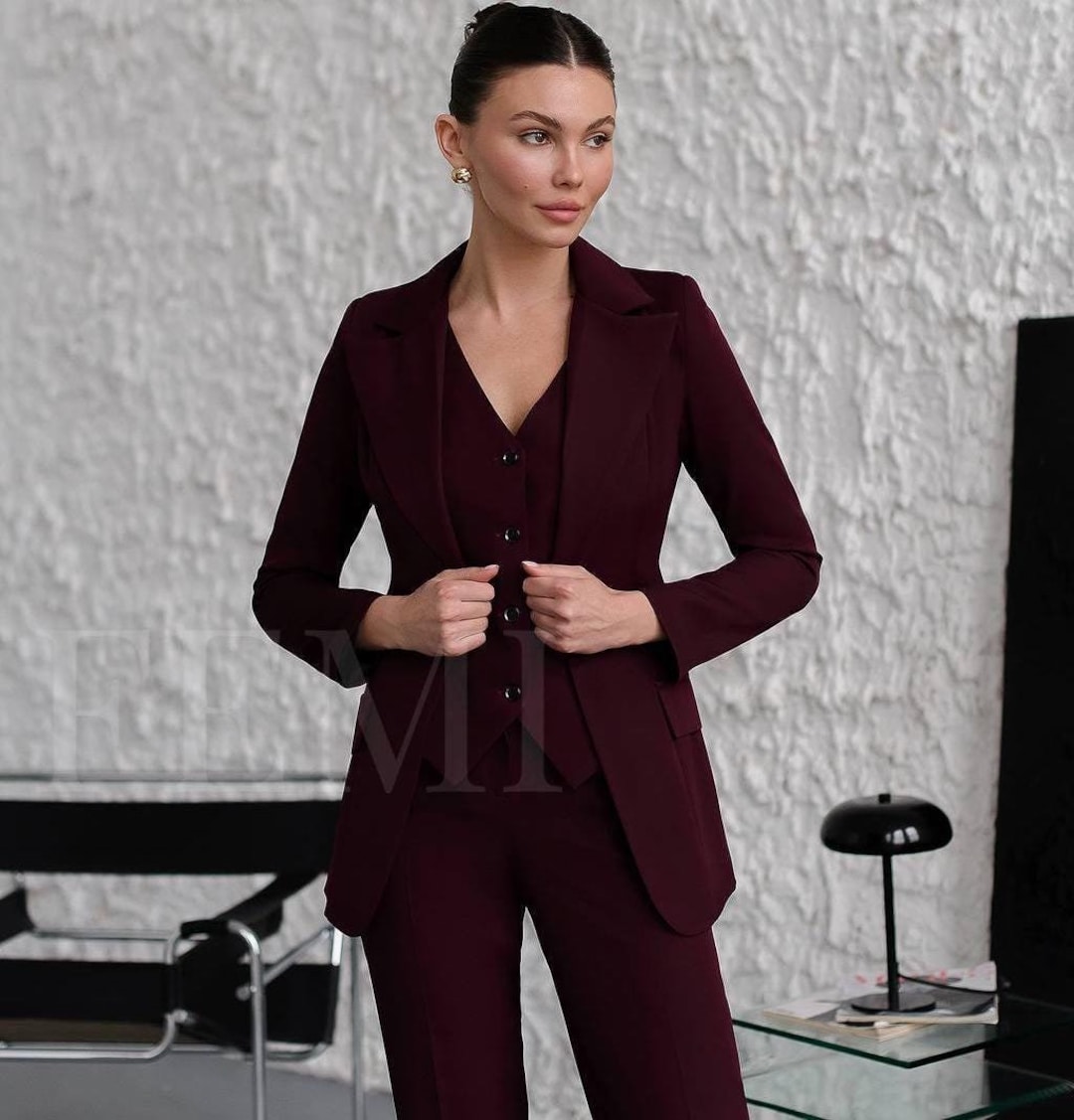Burgundy Classic Women Suit| Blazer + Vest+ Pants| Single Breast Jacket ...